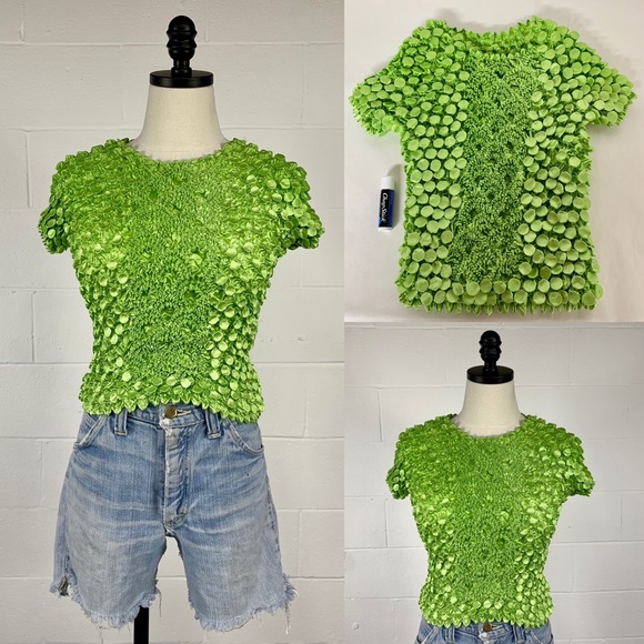 Vintage | Tops | Vintage Y2k Popcorn Crinkle Shirt Green Satin Short ...